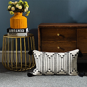 LIGICKY Boho Lumbar Pillow Covers Decorative Woven Tassel Throw Pillows Rectangle Pillow Sham Black and Off White Pillowcase for Couch Sofa Bed Car 12x20 Inch