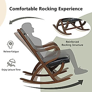 TUOCHUFUN Rocking Chair with Rubber Wood Frame, Anti-Tipping Design, Modern Rocking Chair with PU Cushion for Outdoor Garden,Living Room (Black)