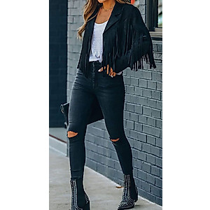 CHARTOU Casual Faux Leather Jacket Women Motorcycle Jacket Fringe Cropped Jacket Utility Tassel Suede Moto Jacket (Small,Black)