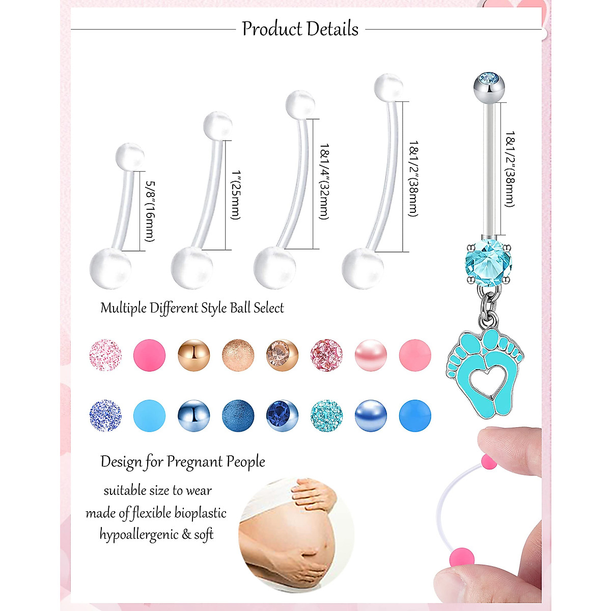 EVELICAL 26Pcs Pregnancy Belly Button Rings Long Bar Maternity Flexible Bioplast CZ Clear Navel Rings Sport Belly Piercing Retainer Body Jewelry Blue