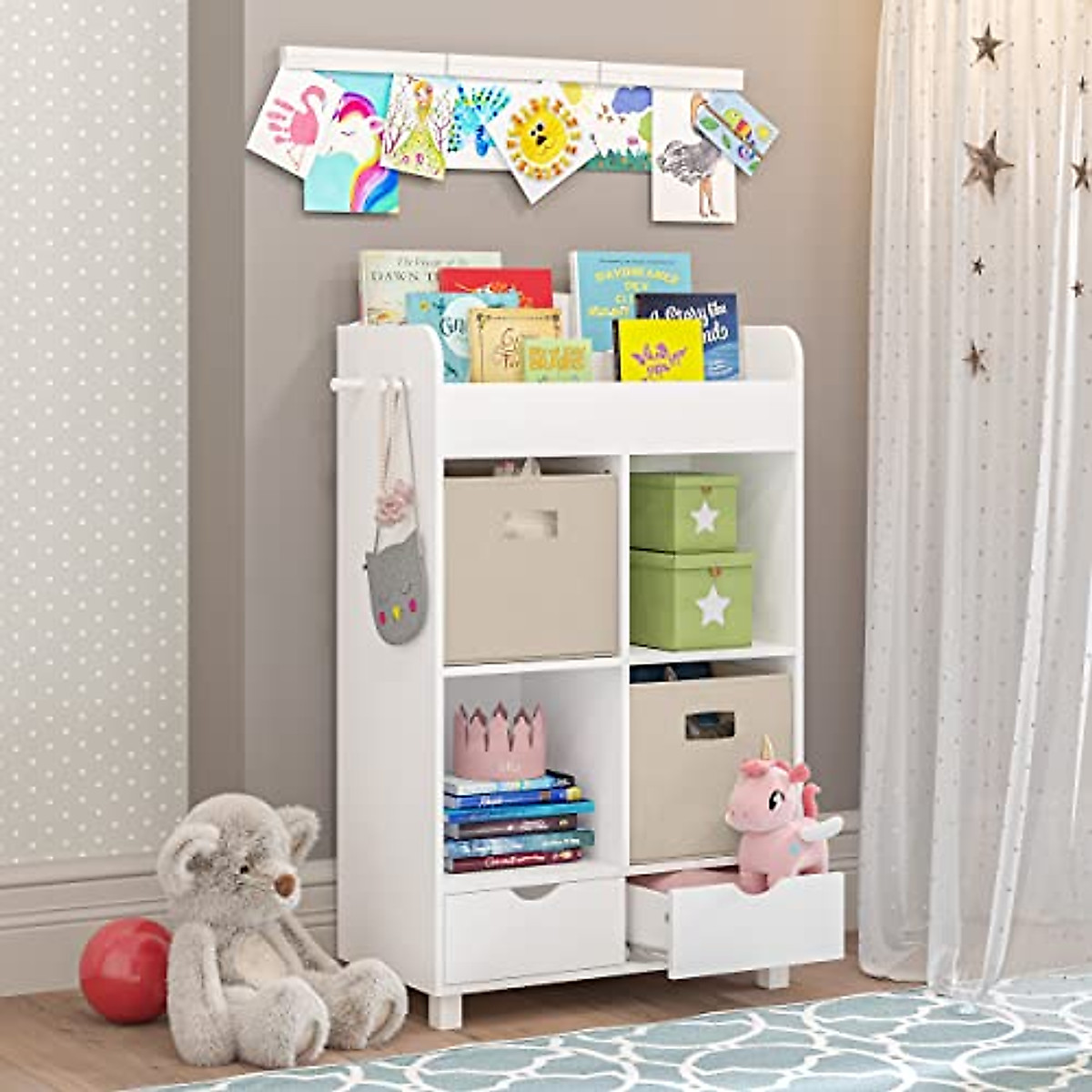 RiverRidge White Book Nook Kids Cubby Storage Cabinet with Bookrack with a 3-Pack Magnetic Art Bar