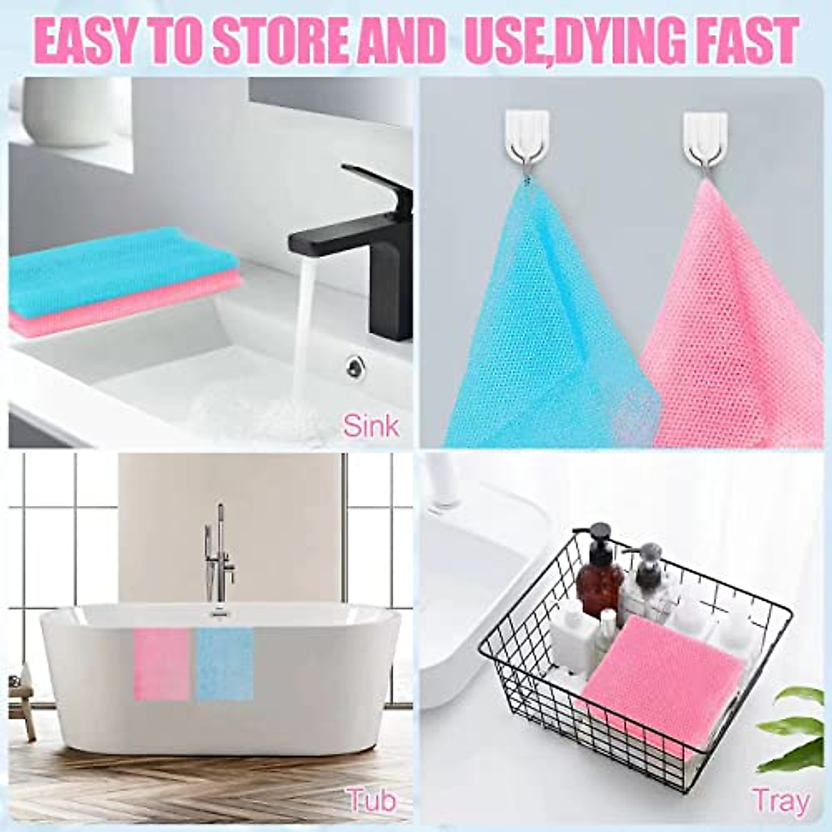 2 Pcs African Net Sponge, African Exfoliating Clean Bath Sponge, Bath Bath Towels,Nylon Net,Wash Cloths,Back Scrubber for Shower, Suitable for Daily use (Lake Blue Pink)