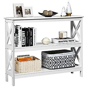 Giantex 3-Tier Narrow Console Table, Rustic Sofa Table with Storage Shelf, X-Design Bookshelf, Skinny Foyer Table, Behind Couch Table, Entryway Table for Hallway Living Room, Entry Table, White