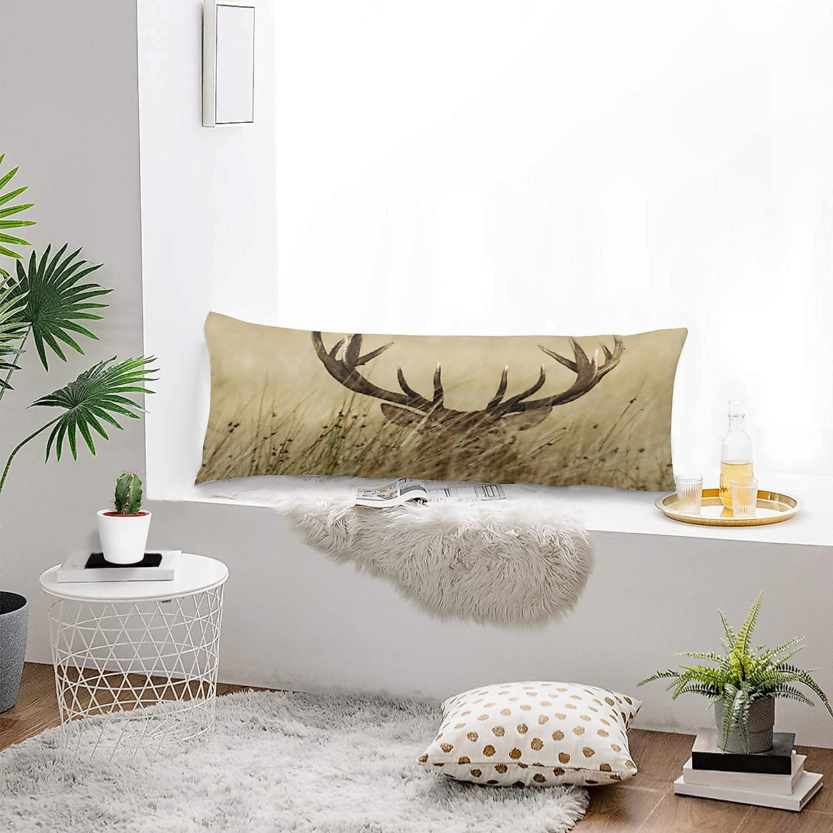 DINJUNA Antler Body Pillow Cover Whitetail Deer Fawn in Wilderness Stag in Countryside Rural Hunting Theme Long Pillow Case Protector Zipper Farmhouse Cushion Bed,Sofa 20''x54'' 6063-Y-004