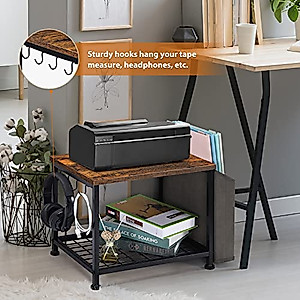 CADUKE 2 Tier Printer Cart Mobile Printer Table on Wheels, Printer Shelf with Storage Bag Under Desk Rolling Cart for Printer Organizer Stand with Hooks for Home Office, Farmhouse Brown and Black