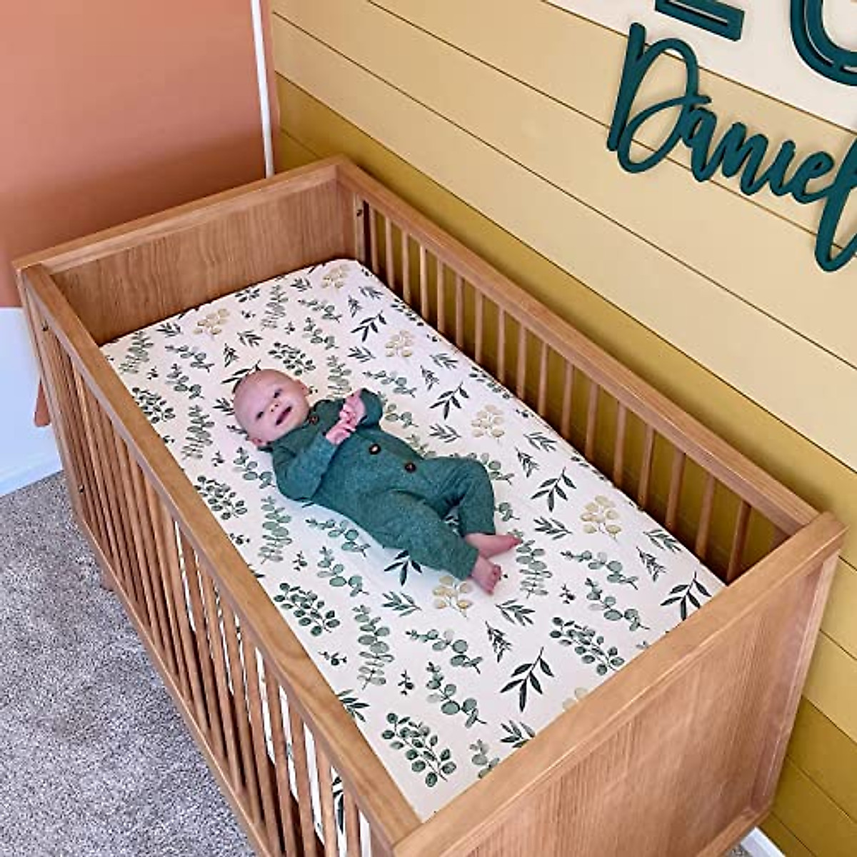 LifeTree Crib Sheets for Baby Boys Girls - Muslin Fitted Crib Sheets Neutral Toddler Bed Sheet Fits Standard Crib and Toddler Mattresses, Soft Bamboo Cotton Blend, Eucalyptus Pattern, 28" x 52" x 9"