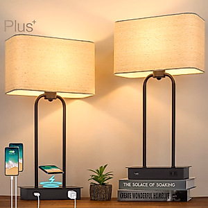 Set of 2 Wireless Charging Touch Control 3-Way Dimmable Table Lamps, Beside Nightstand Lamps for Bedroom with USB Port & AC Outlet, Living Room Office End Table Modern Black Lamps, LED Bulbs Included