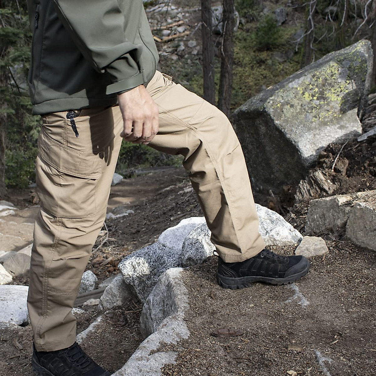 LAPG Men's Urban Ops Tactical Pants, Gusseted Crotch Lightweight Cargo Pants, Elastic Waistband Ripstop Work Pants, Water & Stain Resistant Pants for Men, Sierra, 36W x 32L