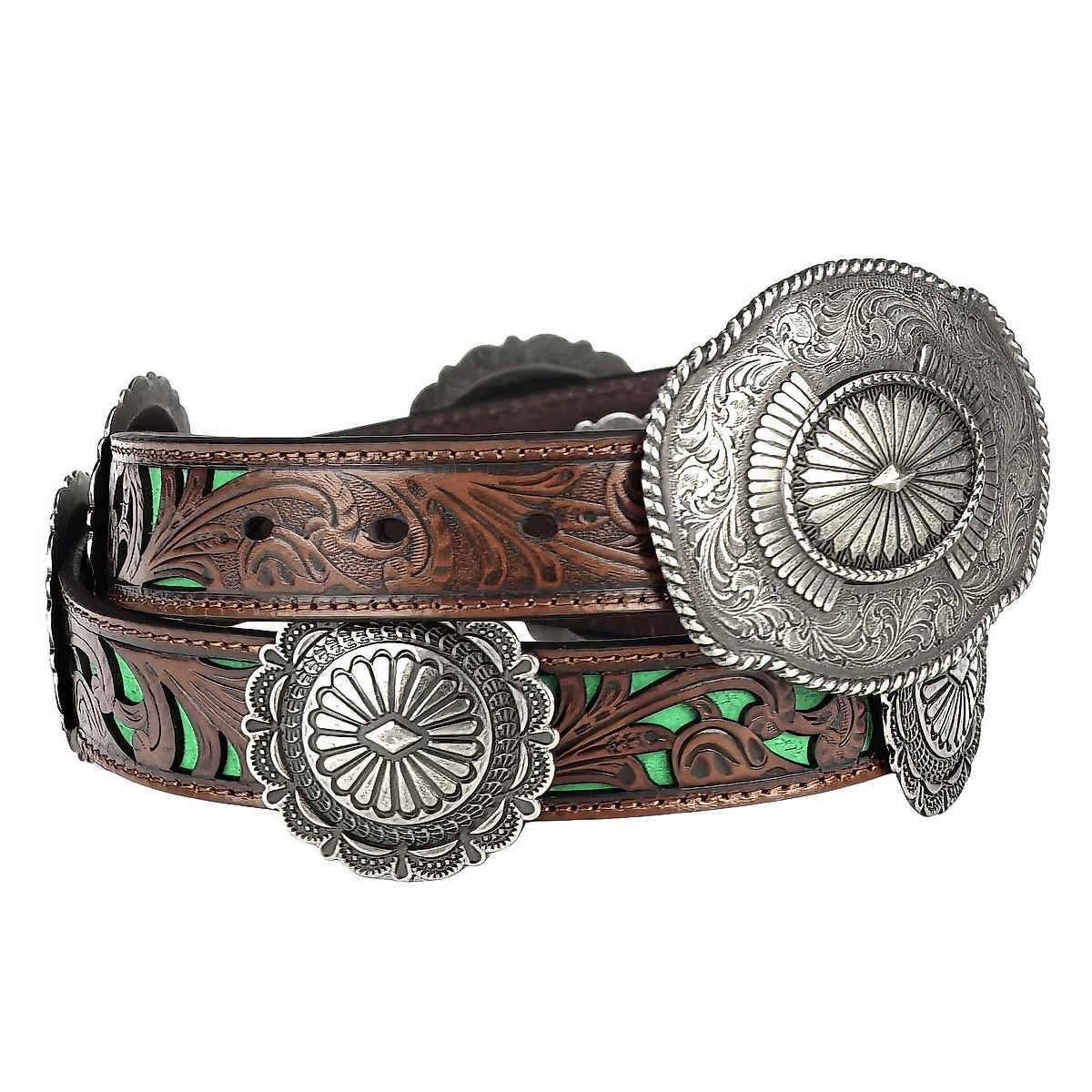 ARIAT Women's Western Belt, Turquoise with Tan Floral Embossed Strap, Silver Conchos, 1-1/4" Width, X-Large (42" Waist)
