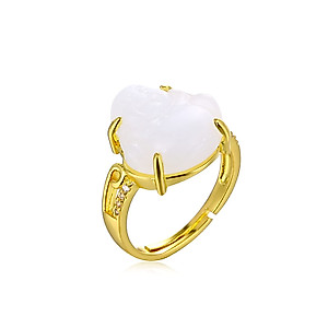 HMOOY Buddha Ring, 18k Gold Plated Lucky Laughing Buddha Ring Adjustable White/Green Jade Buddha Open Ring Lucky Amulet Jewelry for Women Men (White)