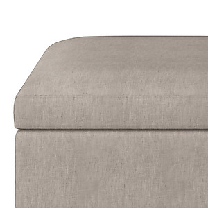 SIMPLIHOME Owen 34 inch Wide Mid Century Modern Rectangle Coffee Table Storage Ottoman in Natural Linen Look Fabric, Assembled, for the Living Room, Entryway and Family Room