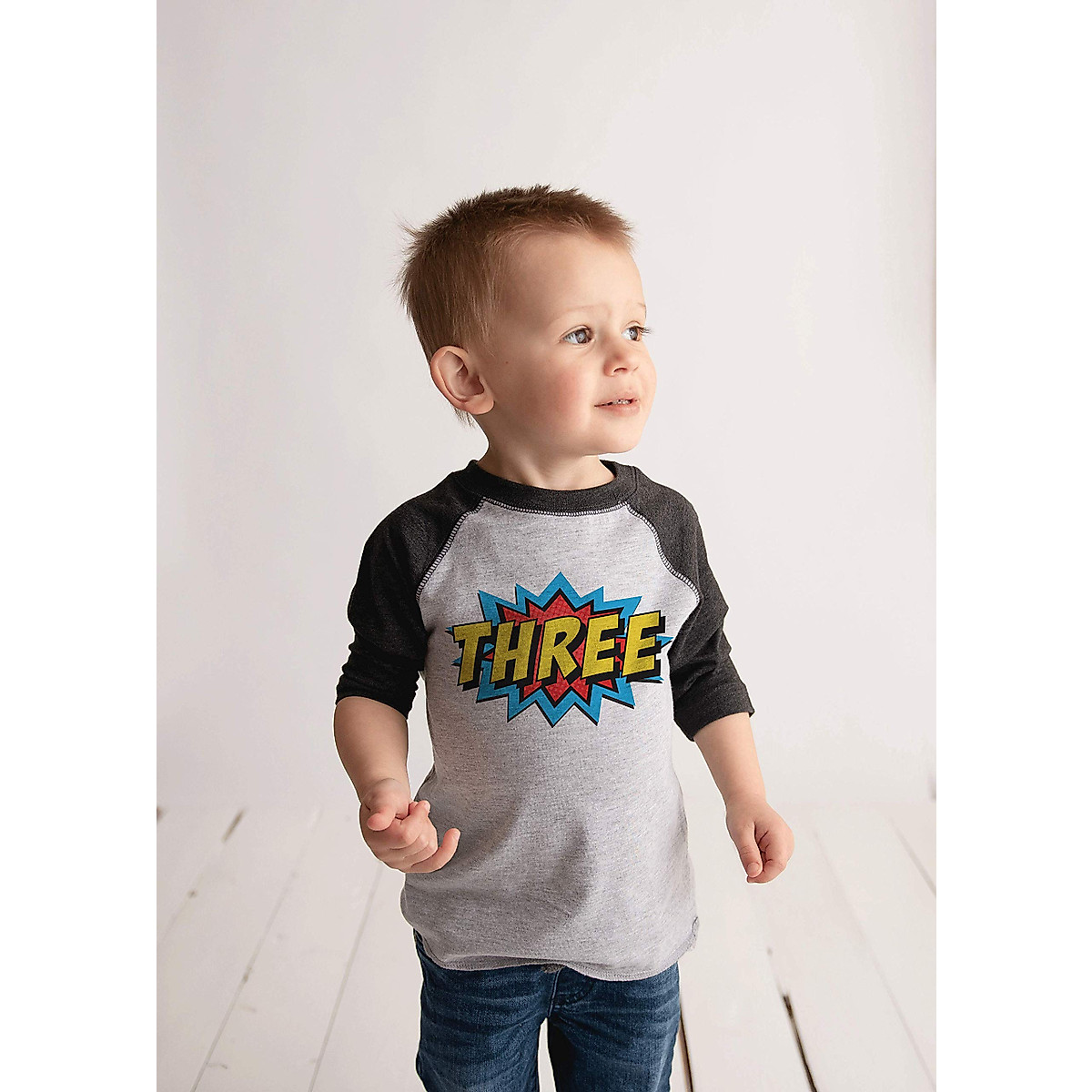 7 ate 9 Apparel Boy's Birthday Three 3rd Third 3 Superhero Grey Raglan 4T