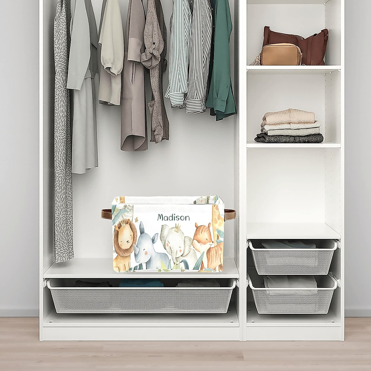 Safari Lion Elephant Fox Personalized Storage Bins Basket Cubic Organizer with Durable Handle for Shelves Wardrobe Nursery Toy 1 Pack