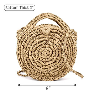 Women Round Straw Beach Bag Handwoven Summer Rattan Bag Cross Body Bag Shoulder Bag Khaki