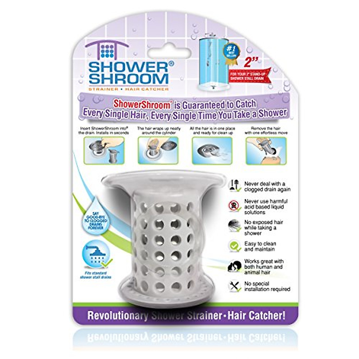 ShowerShroom the Revolutionary 2" Stand-Up Shower Stall Drain Protector Hair Catcher/Strainer, Gray