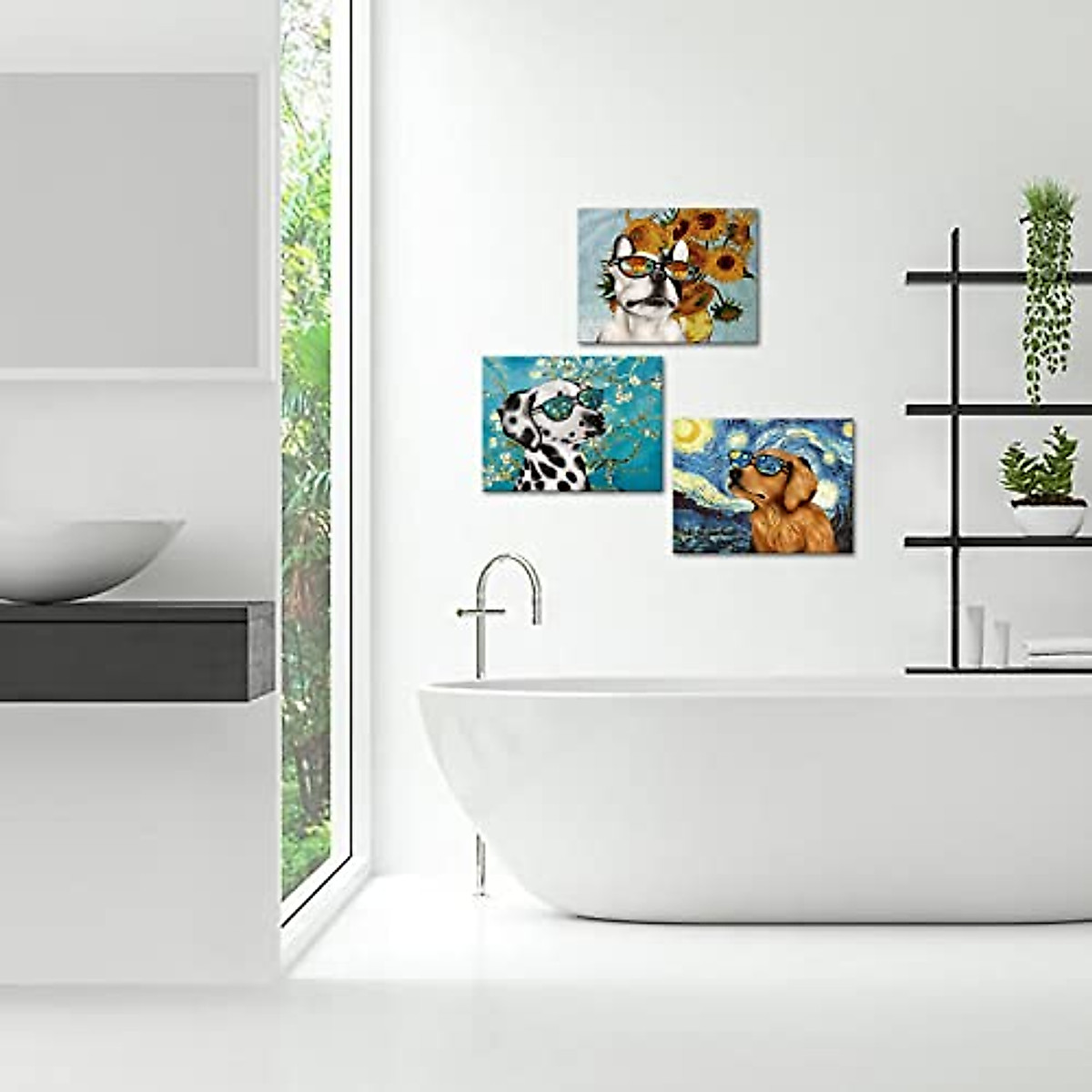 Visual Art Decor Creative Dog Picture for Wall Decor Van Gogh Starry Night Sunflower Sunflower Painting Prints in Dog's Sunglasses Bulldog Dalmatian Golden Retriever Poster for Living Room Pet Club Bedroom Deocration