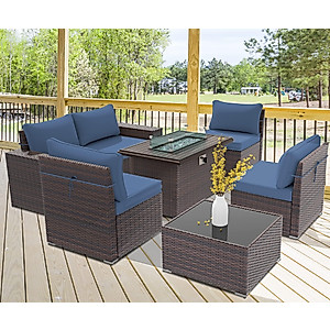 RTDTD Outdoor Patio Furniture Set with Propane Fire Pit Table, 7 Pcs Outdoor Furniture Patio Sectional Sofas Conversation Sets w/ETL Approved 43" Gas Outdoor Fire Table & Coffee Table (Dark Blue)