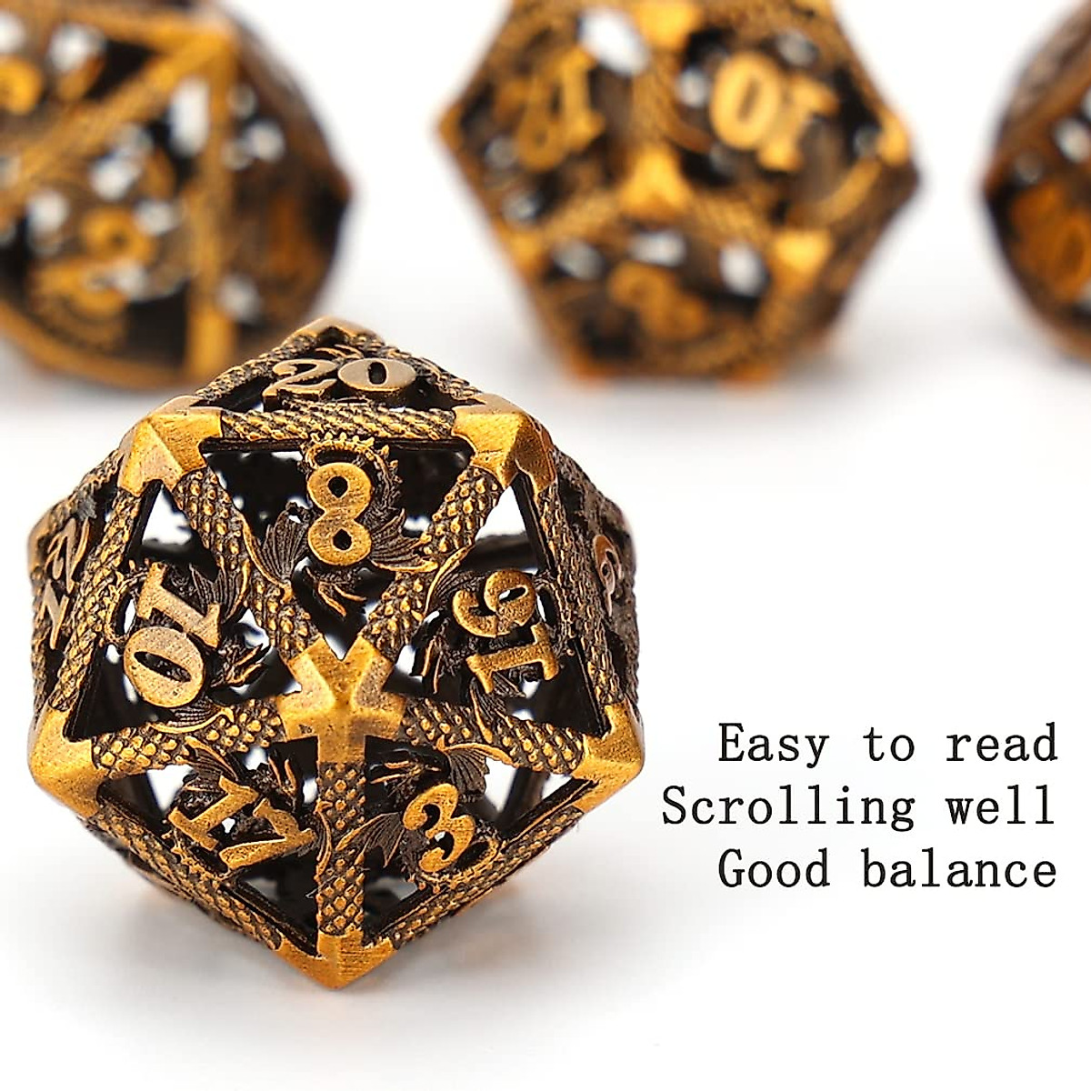 DND Dice Set 7 Pieces, JJDISO Hollow Metal D&D Polyhedral DND Dice for Dungeons and Dragons RPG Steampunk Dragons Role Playing Dice with Gift Box, Ancient Golden D4 D6 D8 D10 D12 D20 Dice Set