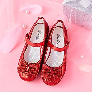 Stelle Girls Dress Shoes Glitter Princess Shoe Flower Mary Jane Low Heels Party Wedding Prom Footwear for Toddler Kids(T08-Red, 7MT)