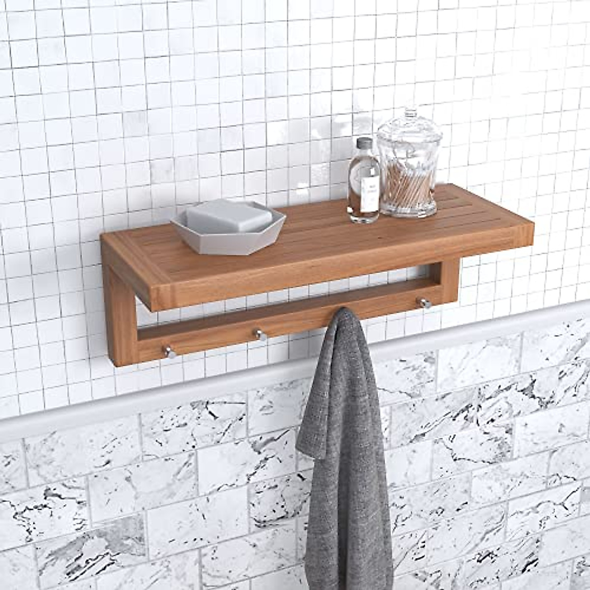 AquaTeak The Original 24" Moa Teak Wall Shelf with Hooks