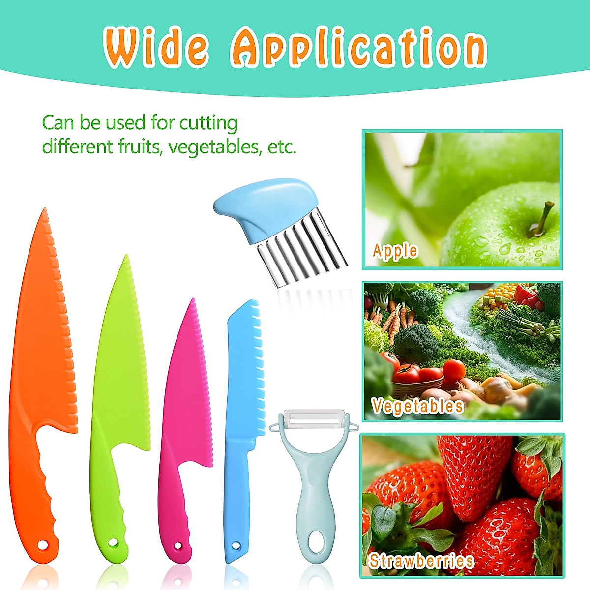 CKKAPTURE 6Pcs Plastic Knives, Knife for Kids, Kids Knife for Chopping, Kitchen Knives Child Safety Knife in 4 Sizes and Plastic Cutting Board/Paring Knife for Vegetables Fruits Salad