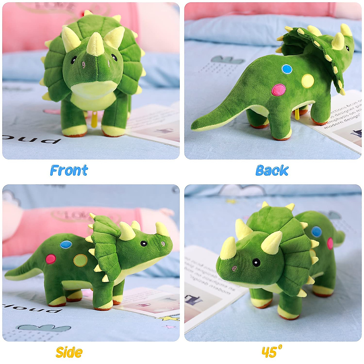 Dinosaur Plush Toy, 16" Stuffed Animal Triceratops Throw Plushie Pillow Doll, Soft Green Fluffy Friend Hugging Cushion - Present for Every Age & Occasion