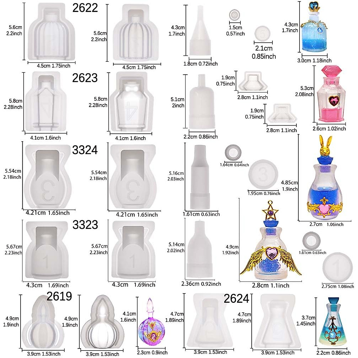 Small Bottle Container and Stopper UV Resin Epoxy Silicone Mold Jewelry Casting 6 Trays Set