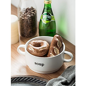 LAUCHUH Soup Bowls Porcelain Soup Crocks with Handles Stackable Soup Mugs for French Onion Bowl Set with Serving Stand 27 ounces for Salad Cereal Fruit