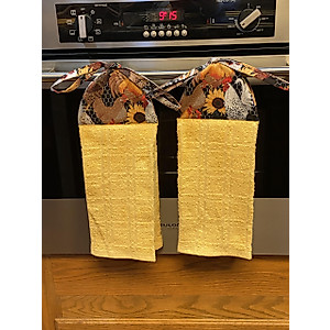 Set of 2 - Roosters Chickens and Sunflowers on Black Reversible Ties On Stays Put Yellow Kitchen Hanging Loop Hand Dish Towels