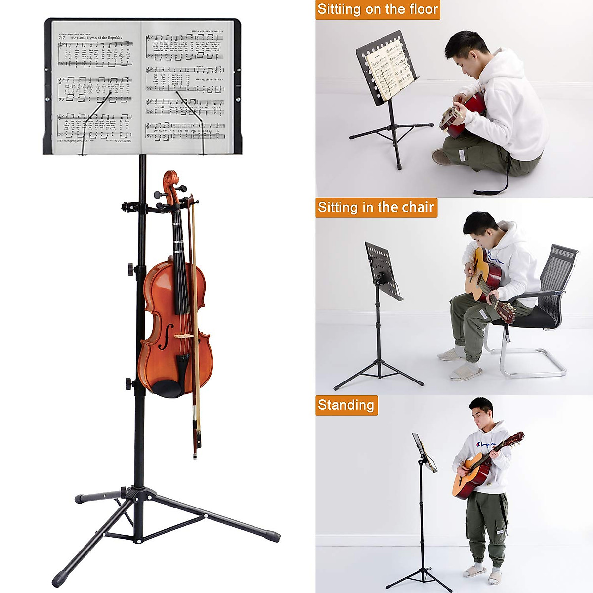 Klvied Sheet Music Stand with Violin Hanger, Folding Music Stand, Portable Fortable Music stand for Sheet Music, Violin Music Stand with Travel Case, Light, Black