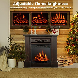 COSTWAY 32-inch Electric Fireplace with Mantel, 1400W Fireplace Heater with Remote Control, 3-Level Realistic Flame, 6H Timer, Overheat Protection, Wooden Surround Fireplace for Living Room, Brown