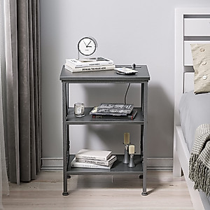 CubiCubi Oxford Side Table, Dual USB Charging Ports End Table, Nightstand Steel Frame, Home Decorative for Living Room Bedroom, Wooden Shelves and Rustic Style, Black