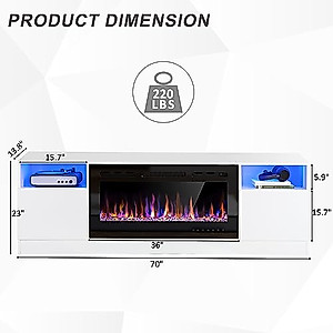 AHB 70" Fireplace TV Stand for TVs Up to 80" with 36" Electric Fireplace, TV Console for The Living Room, LED Light Entertainment Center, Storage Cabinet, Media Console Table, White