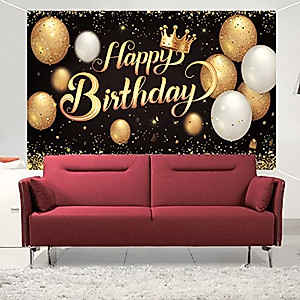 Happy Birthday Backdrop Banner 2 Pieces Large Black and Gold Happy Birthday Sign Birthday Photography Supplies Indoor Outdoor Birthday Party Decorations for Children Men Women Celebration