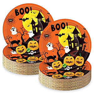 Jremreo 50 Pcs 9-Inch Halloween Paper Plates - Spooky Haunted House Party Supplies Set, Disposable Tableware with Ghost, Pumpkin, and Bat Designs for Candy, Snack, Dessert, Trick or Treat Decorations