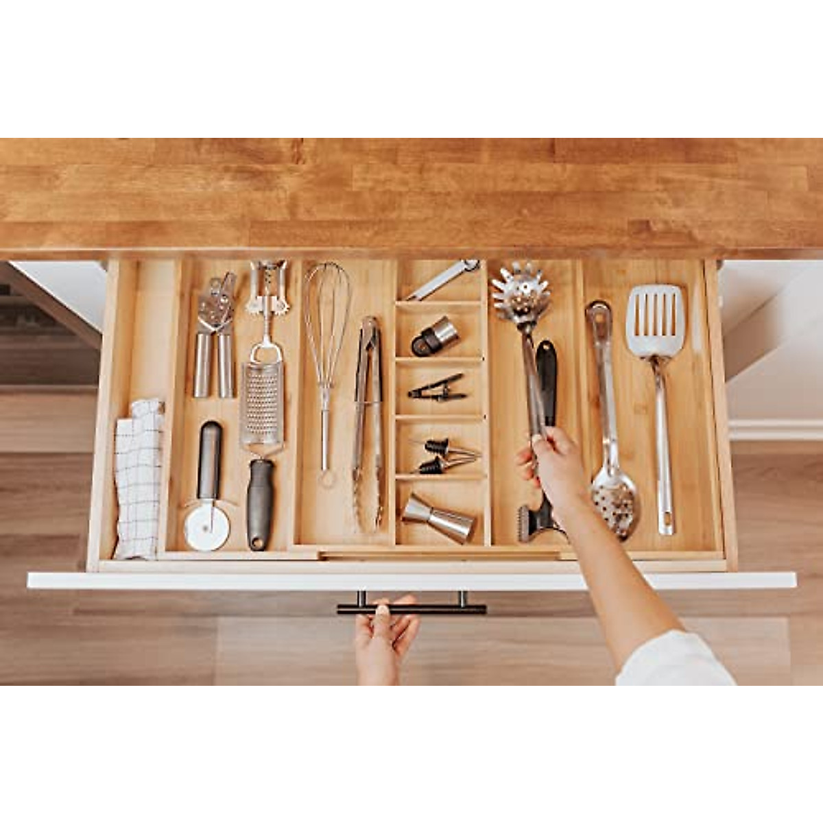 KitchenEdge Adjustable Kitchen Drawer Organizer for Utensils and Junk, Expandable to 28 Inches Wide, 9 Compartments, 100% Bamboo