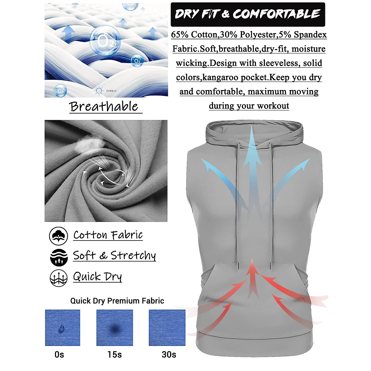 Amussiar Men's Sleeveless Hooded Tanktops Casual Vest Slim Fit Gyms Bodybuilding Hoodies Vest Grey