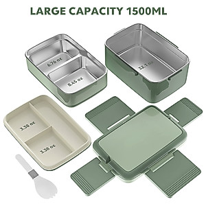JSCARES Stainless Steel Bento Box Adult Lunch Box, 3 Stackable Bento Lunch Containers, Portable Modern Style Adult Bento Box, Leakproof 51OZ Bento Lunch Box for Kids and Adults (Green)
