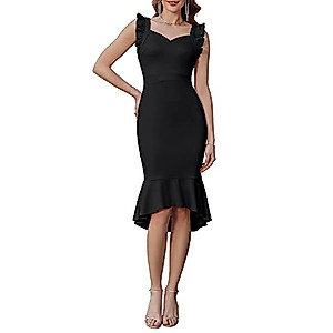 Women's Sleeveless Fishtail Dress High Low Hem Wedding Guest Midi Bodycon Formal Dress Cocktail Party Dress Black L