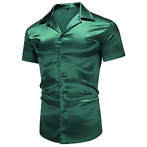 URRU Men's Luxury Shiny Silk Like Satin Dress Shirt Cuban Collar Short Sleeve Casual Slim Fit Muscle Button Up Shirts Dark Green L