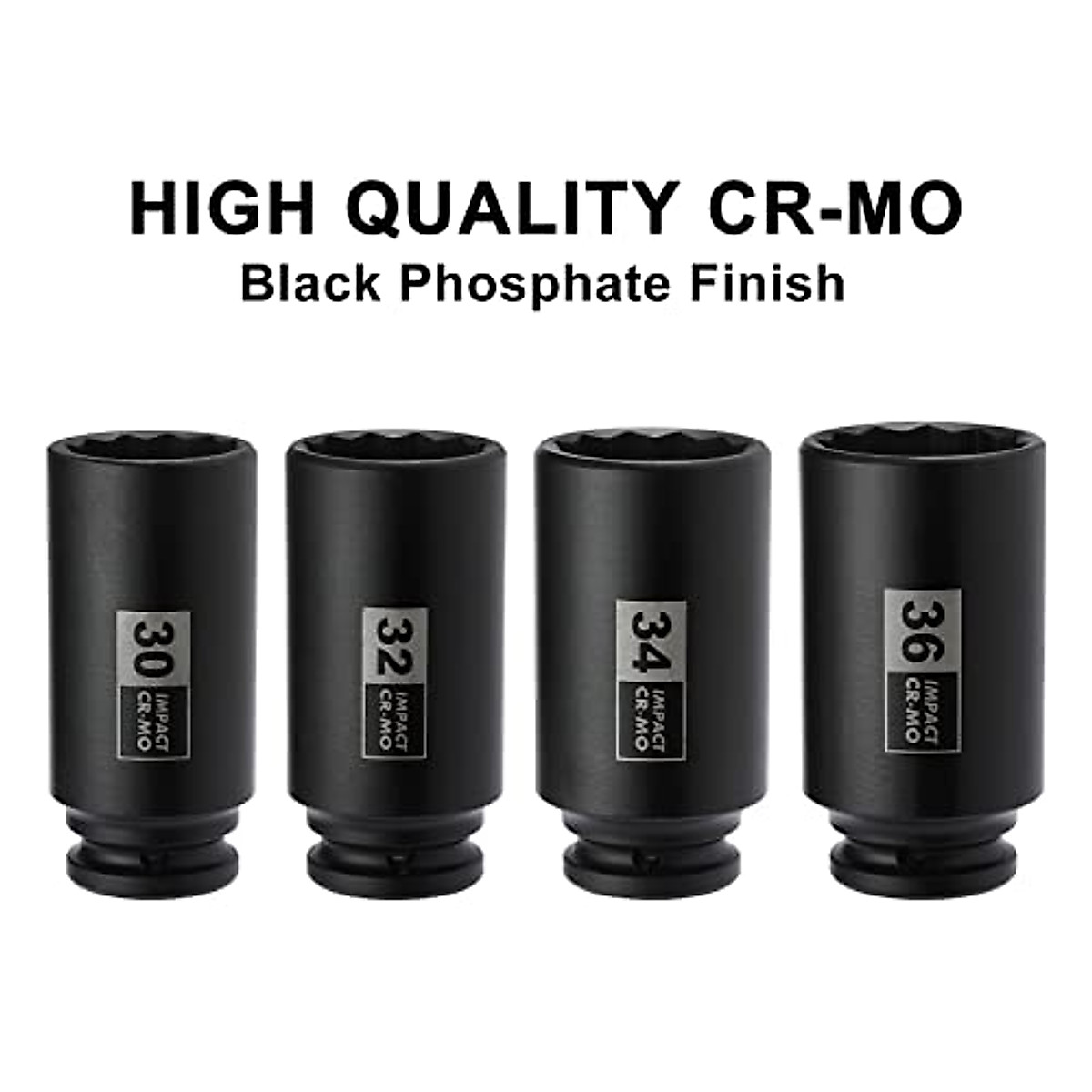 Mayouko 4PCS 1/2" Drive Deep Axle Nut Impact Socket Set, CR-MO, 12 Point Design, Metric, 30,32,34,36mm, 1/2 Inch Extra Deep Impact Socket