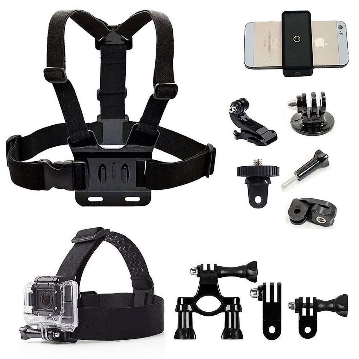 Action Camera Accessories Handlebar Head Chest Mount Strap Harness Adaptor with Cell Phone Clip for Gopro Hero/iPhone 15 14 13 12 11 Pro Max