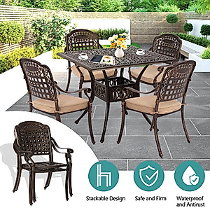 FKLUG 5 Piece Outdoor Patio Dining Set Cast Aluminum Patio Furniture Set Conversation Set for Backyard Garden Deck Poolside(1 Square Table and 4 Lattice Chairs W/Khaki Cushion)