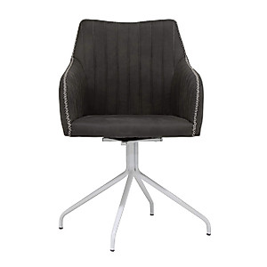 Calico Designs Adelaide Mid Back Swivel, Home Office Accent Chair with Arms, No Casters in White Metal Legs/Dark Grey Tufted Faux Suede with Stitch Detail