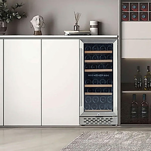 Wine Cooler Refrigerator - 28 Bottle Capacity, Double-Layer Glass Door, Temperature Stable System, Digital Temperature Control, Single Area Dual Temperature, Built-in or Freestanding，with Lock