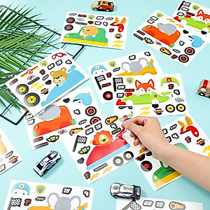 Ireer 36 Sheets Car Stickers for Kids Make Your Own Car Stickers, 6 Styles Cartoon Racing Car Stickers for Race Car Themed Birthday Party Supplies Rewards Toy Art Craft Activities