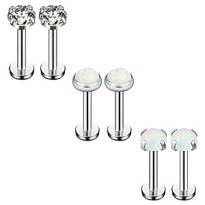 Ruifan 4mm White Opal & Clear CZ Internally Threaded Stainless Steel Labret Monroe Lip Ring Tragus Helix Earring Stud 16G 1/4" 6mm 6PCS