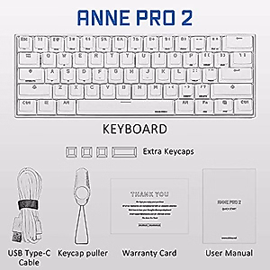 Anne PRO 2D, 60% Wired/Wireless Mechanical Keyboard (Gateron Brown Switch/White Case) - Full Keys Programmable - True RGB Backlit - Tap Arrow Keys - Double Shot PBT Keycaps - NKRO - 1900mAh Battery