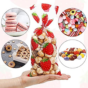 Willbond 100 Pieces Strawberry Party Bags Strawberry Cellophane Treat Bags Favors Plastic Candy Goodies Bags with 100 Pieces Twist Ties for Strawberry Themed Birthday Party Decorations