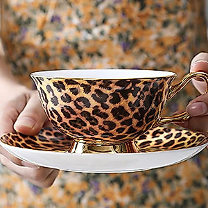amokk Coffee Cup and Saucer Sets - 6.7 Oz Bone China Tea Cup with Saucer and Spoon - Fancy Coffee Mugs for Office, Coffee Table, Afternoon Tea (Leopard)